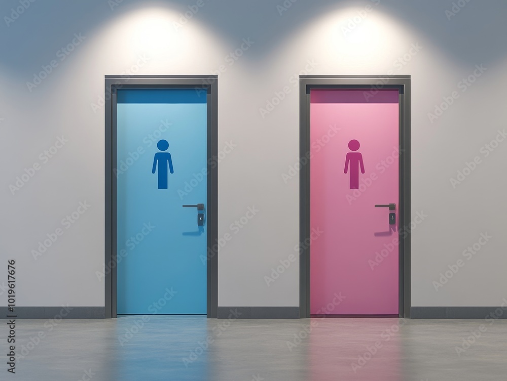 2408 117.A pair of simple, modern public restroom doors, one marked ...