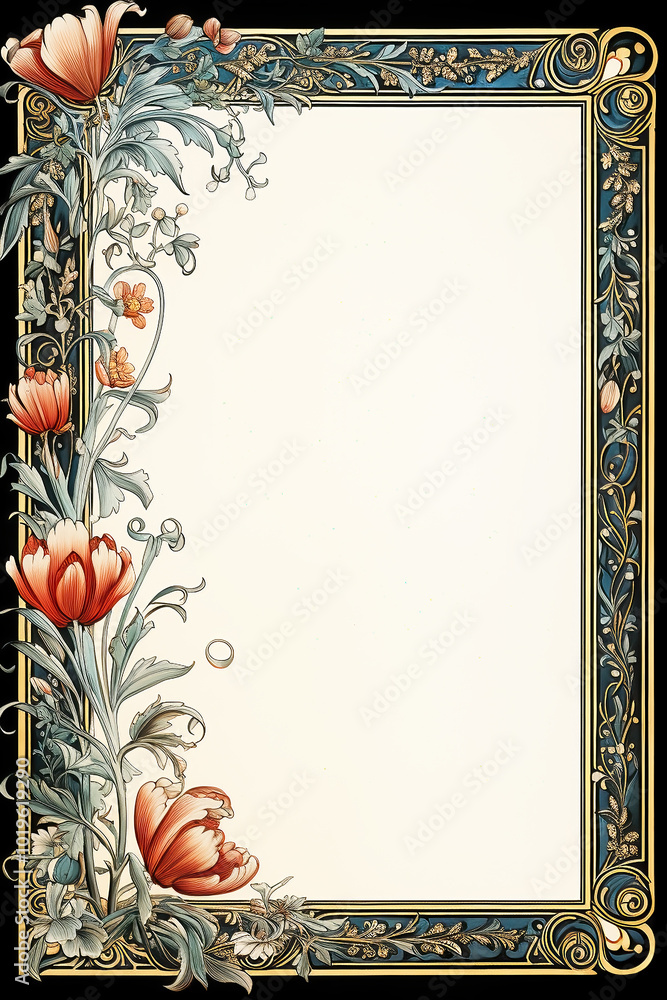 Ultra thin medieval floral style page border in blue and white around ...
