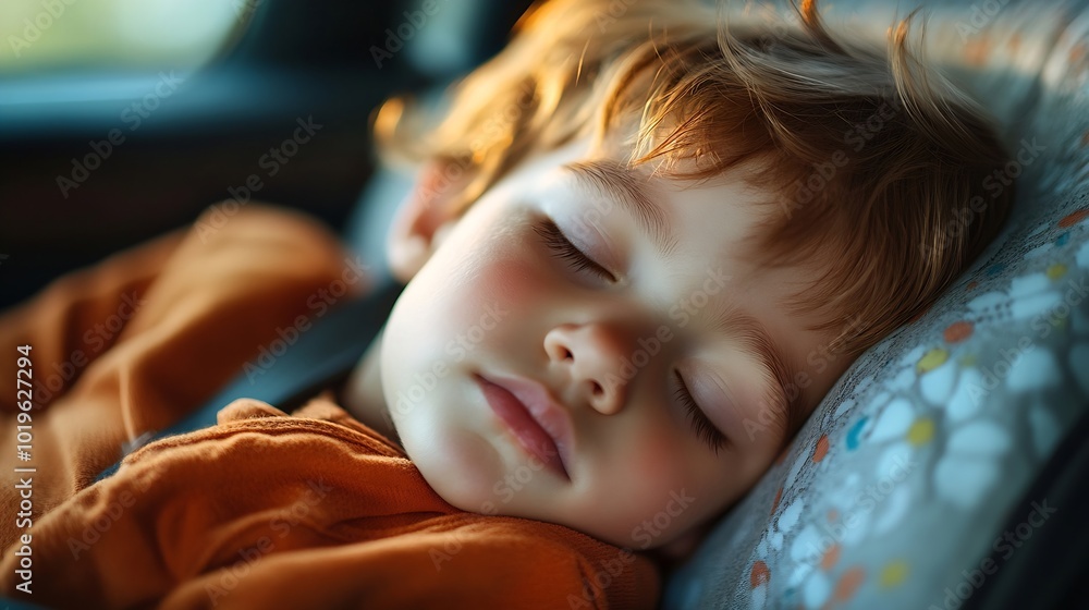 Cute toddler boy sleeping in car seat Portrait of pretty little child ...