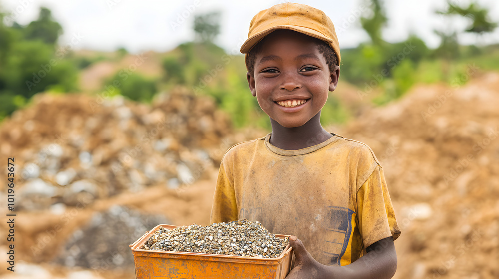 A child laborer in artisanal mining, holding a container of mined ...
