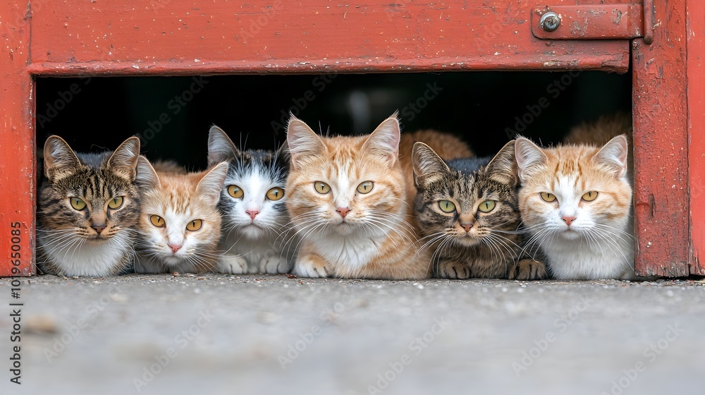 A group of stray cats huddled together in a dark urban alley showcasing ...