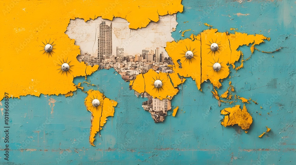 Fractured and distressed world map with radiation symbols marking major ...