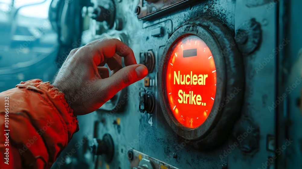 Hand reaching out from the shadows attempting to push a button labeled ...