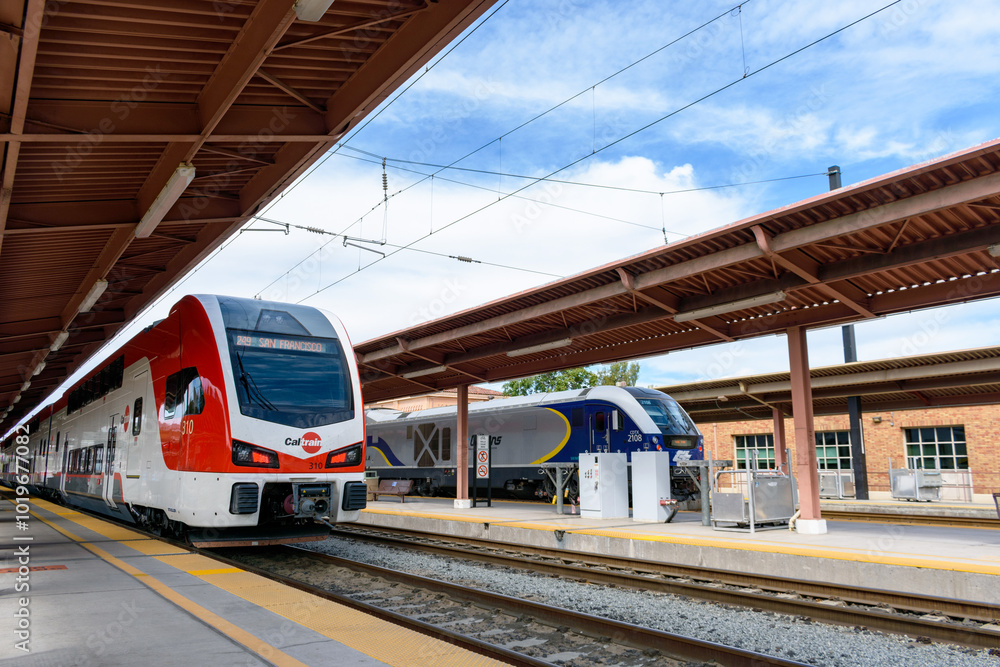 San Francisco bound Caltrain electric commuter train, and Amtrak ...