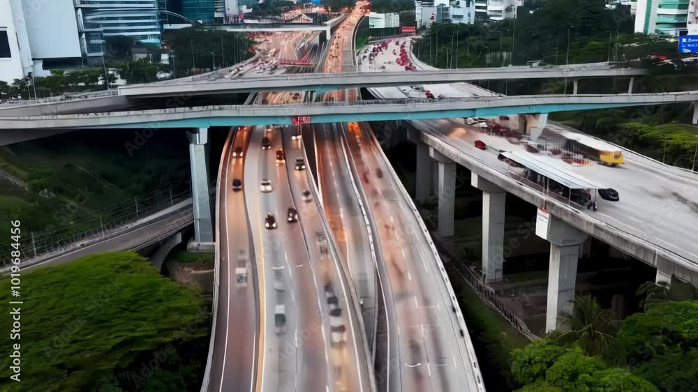 B-roll top down view of fast traffic on freeway intersection bridge in ...