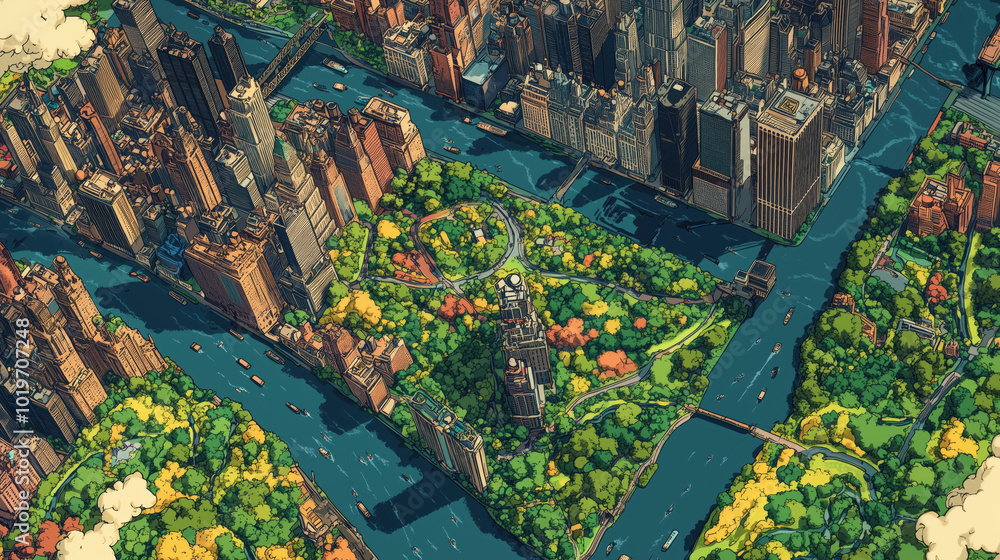 Cartoon drawing doodle map of Manhattan, New York City, NYC, top-down ...