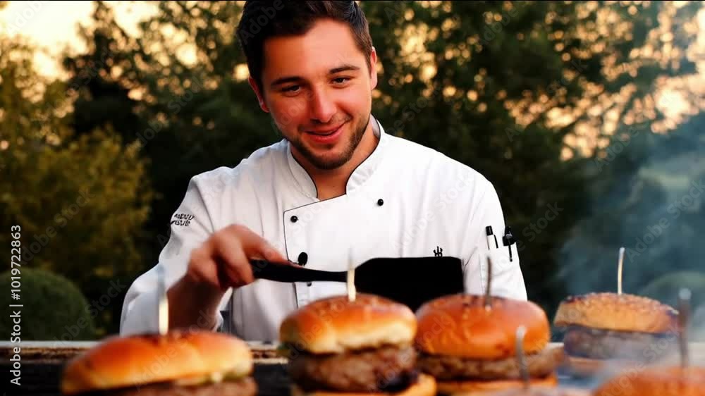 Handsome chef smiling behind grill while cooking sizzling burgers on ...