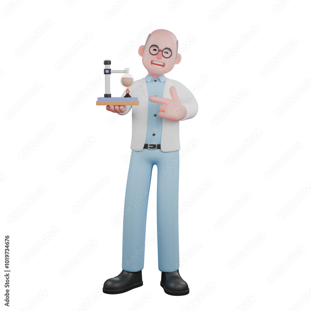 3D Model of Cartoon Scientist. A male scientist stands demonstrating a ...