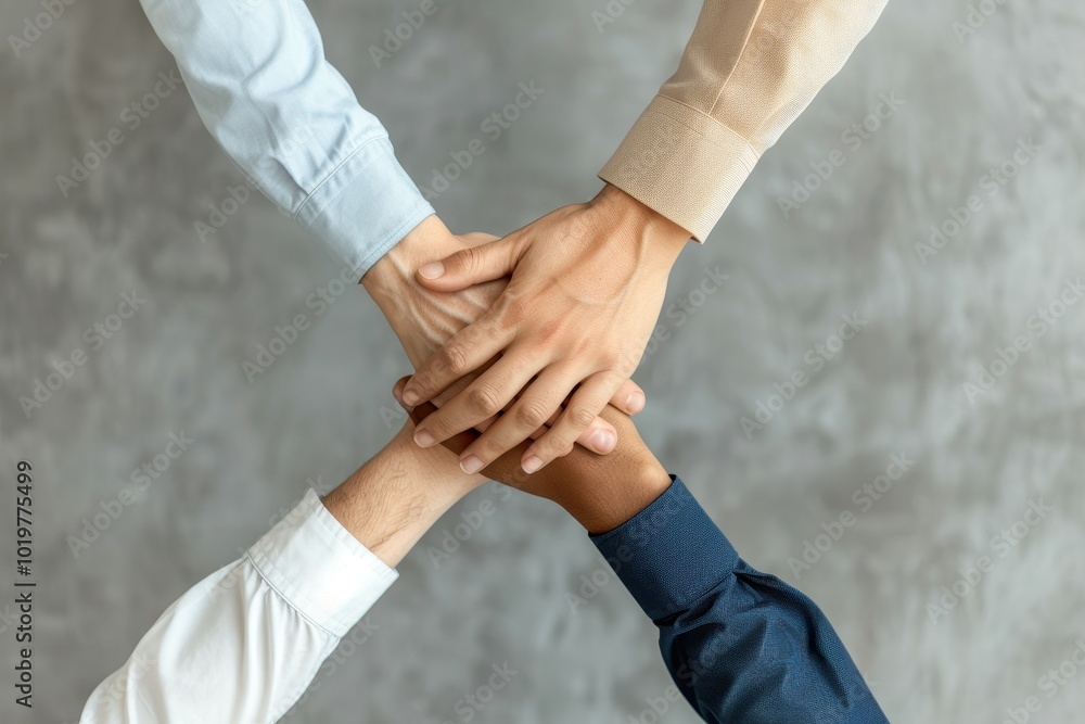 Hands stacked together in a gesture of teamwork and unity showing ...