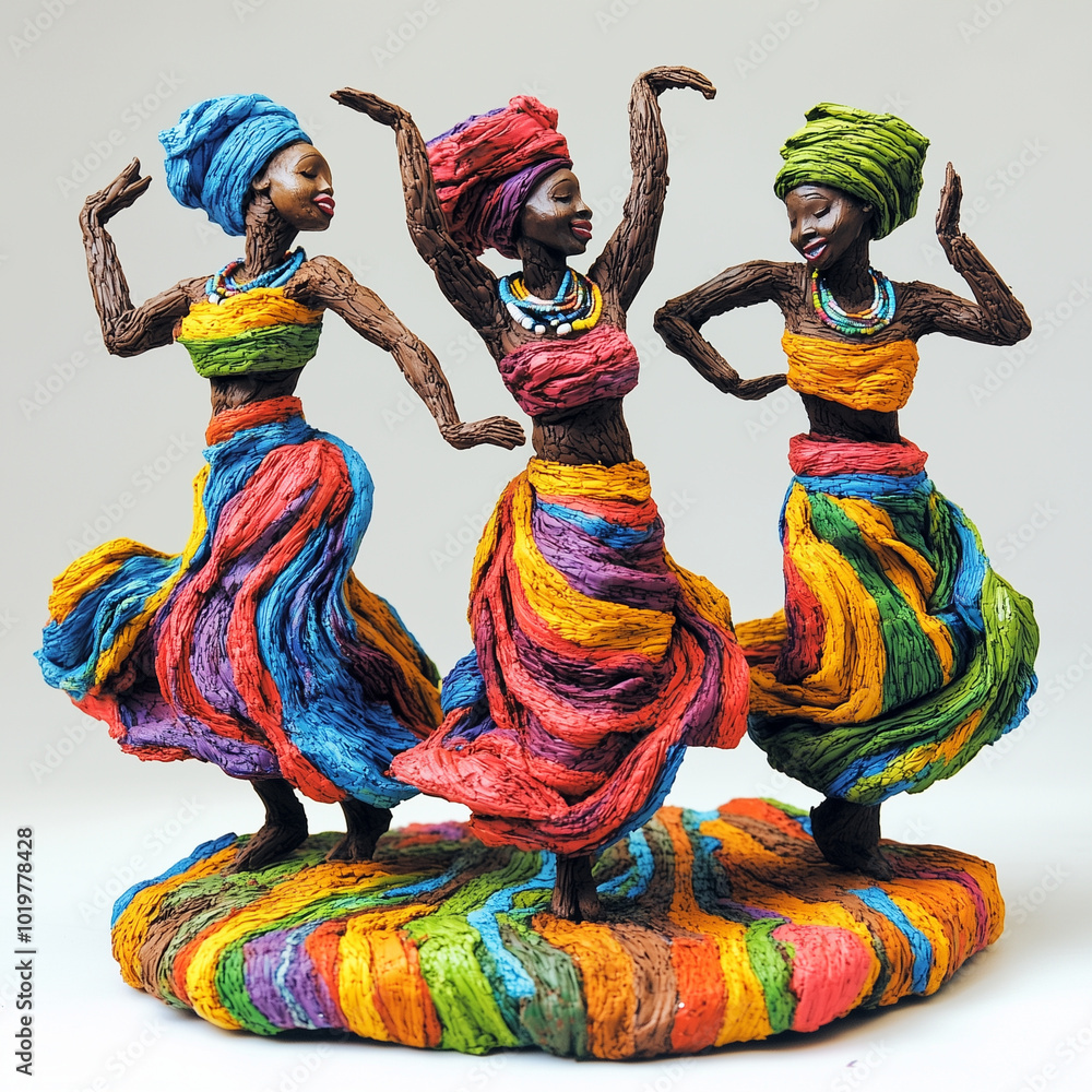 Three women dressed in vibrant colors are performing a dance in a ...