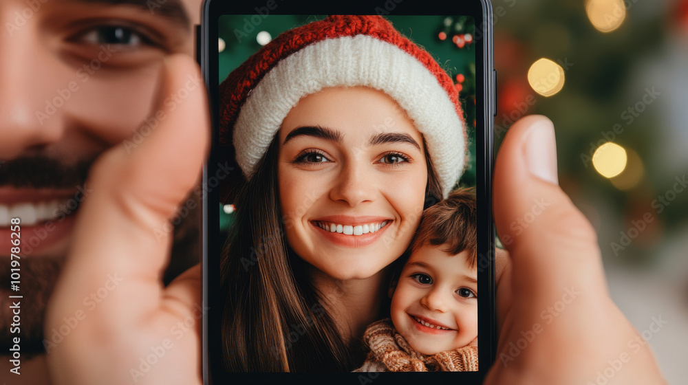 A family celebrating Christmas virtually, with video calls connecting loved ones across ...