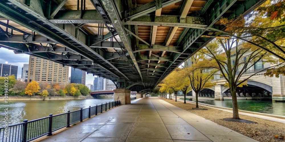River walk path under the Dearborn Bridge in Chicago, Chicago, urban ...