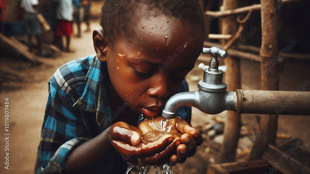 Sad little black African boy drinking tap water with hand from faucet ...