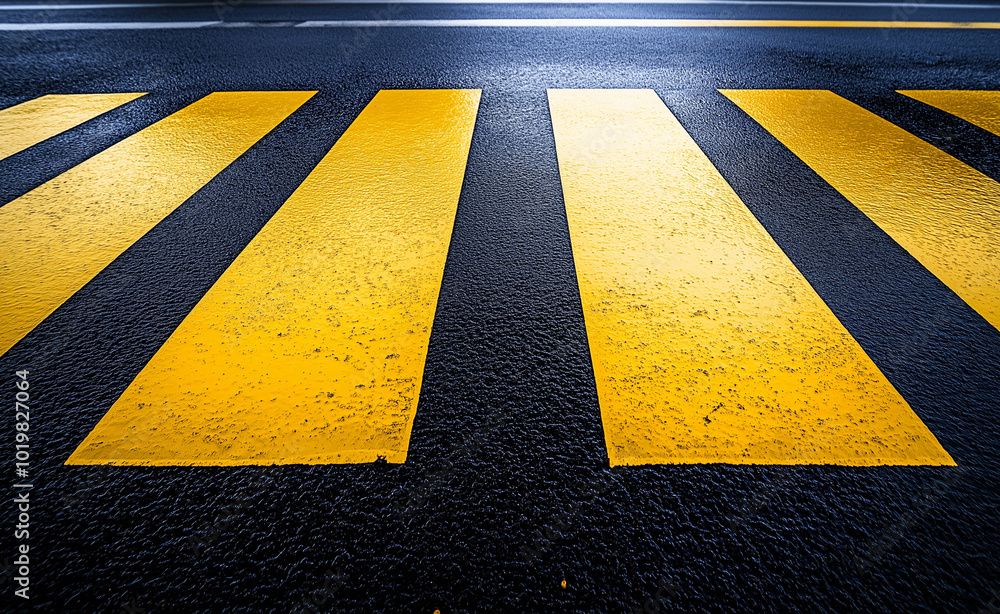 A freshly painted yellow and black crosswalk viewed from above on an ...