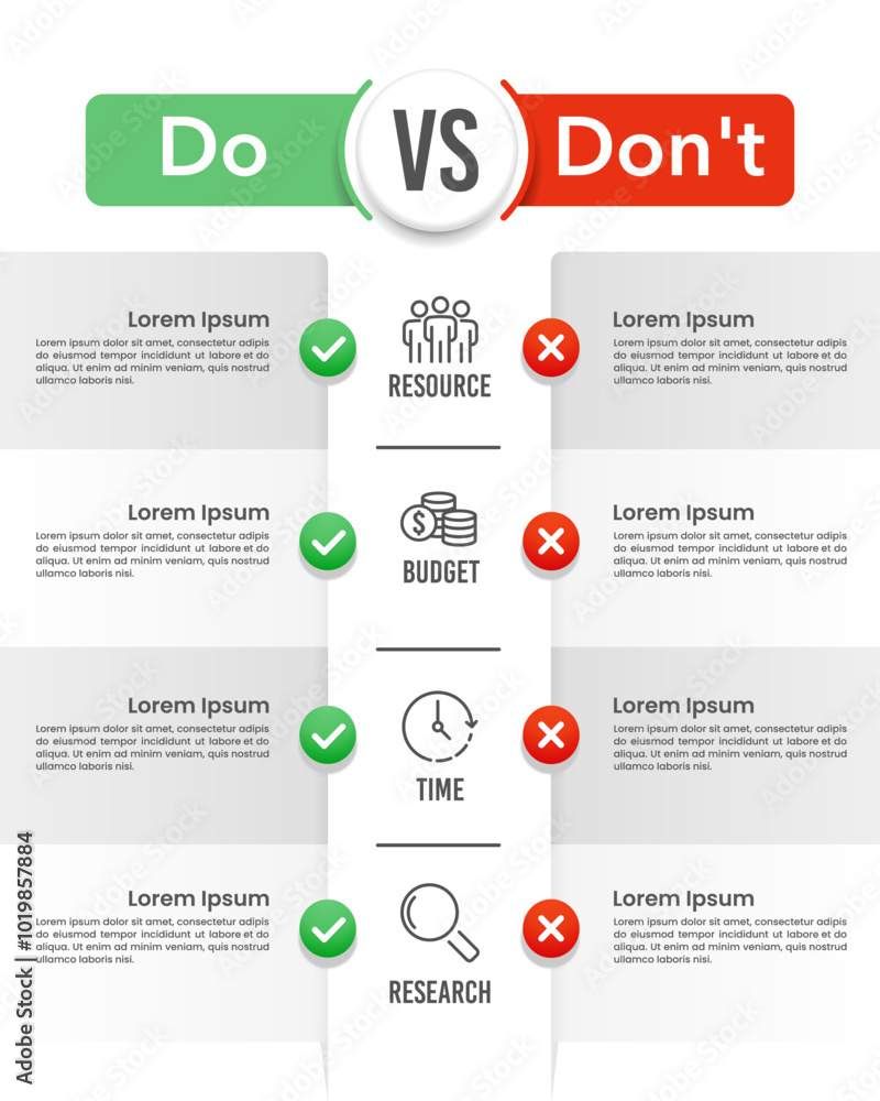 Do's and Don'ts or Pros and Cons. Infographic comparison table. Business presentation, Banner ...