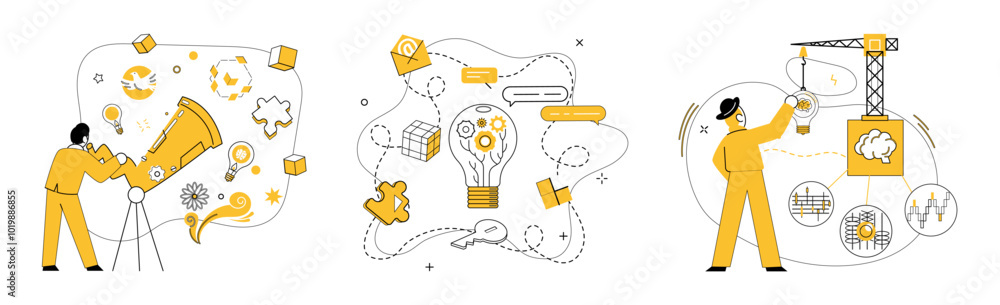 Project management. A person exploring goals using a telescope ...