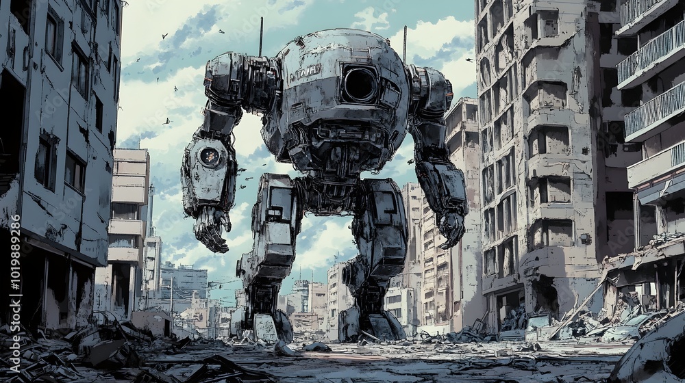 Massive Mecha Stalking Through Devastated Futuristic City Ruins Amid ...