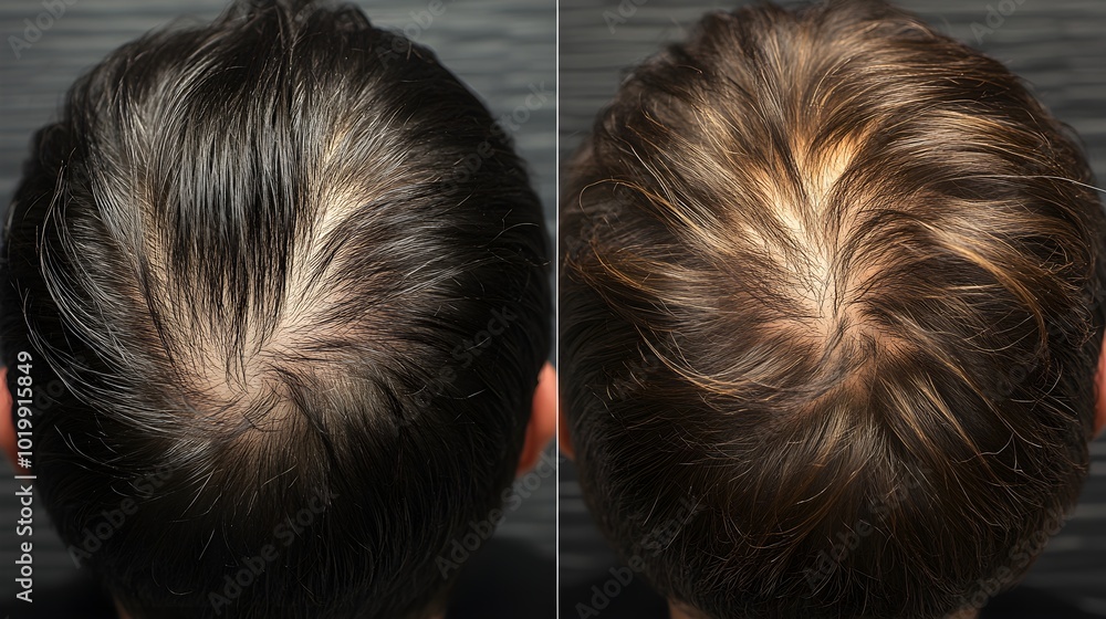 Before and after images of a man's scalp, comparing significant hair ...