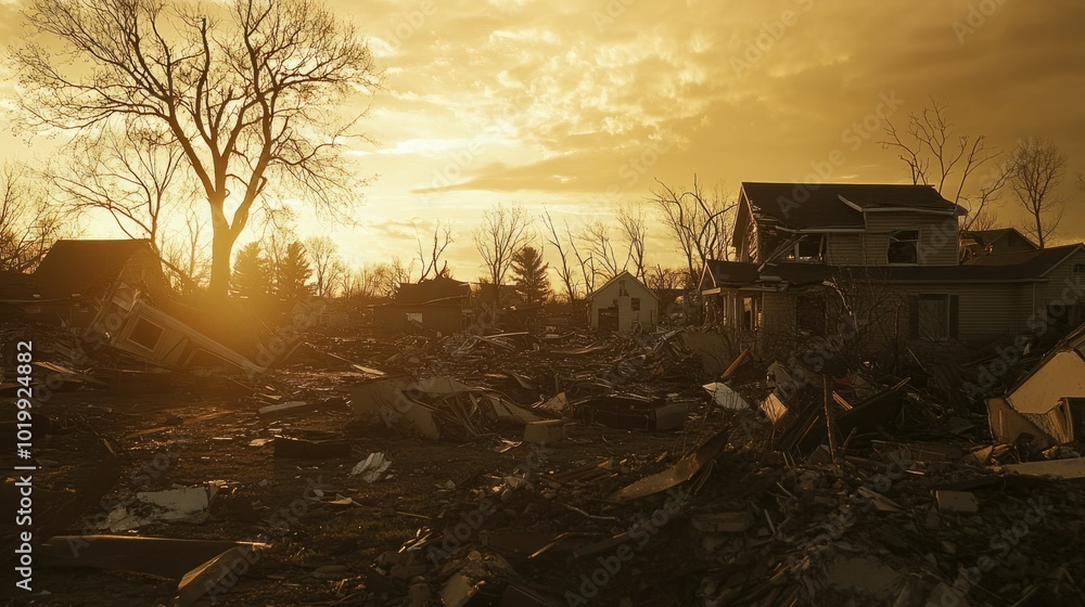 The aftermath of a tornado, with houses destroyed and debris scattered ...