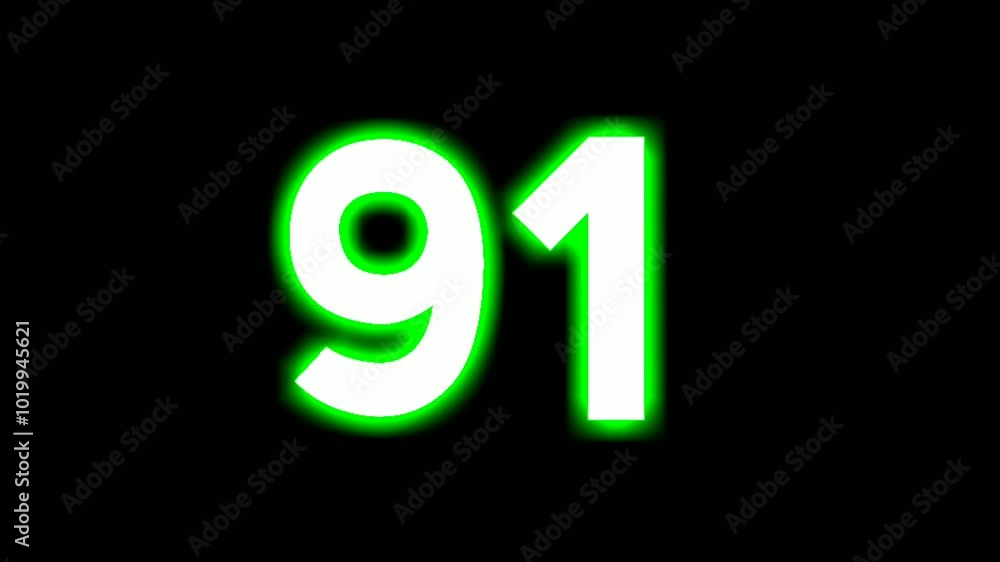 Neon number 91 ninety one sign symbol modern animation motion graphics flicking on black ...