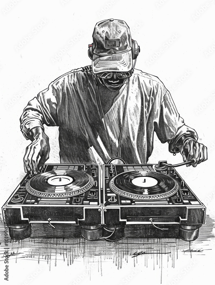 DJ in black and white sketch style. A man wearing a headset, standing ...