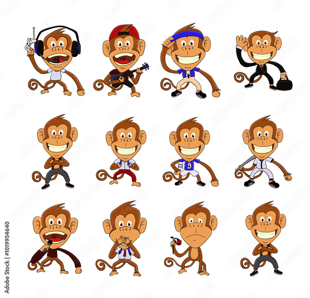 cute monkey character cartoon design with various activities. Stock ...