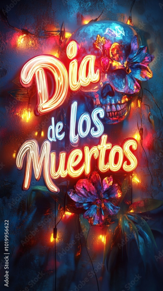 Dia de los Muertos, neon sign. Bold 3D Text, Colorful outlines, with ...