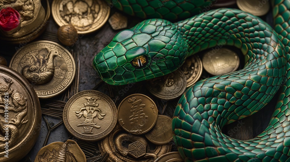 Green snake surrounded by ancient chinese coins with ideograms ...