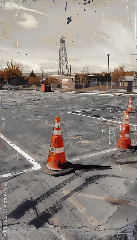 Vibrant sealcoated parking lot undergoing curing process with caution ...