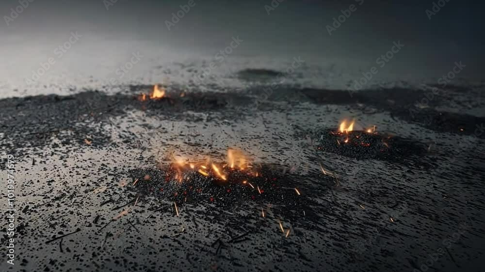 Ash spread across the ground in a natural pattern. The ash glows with ...