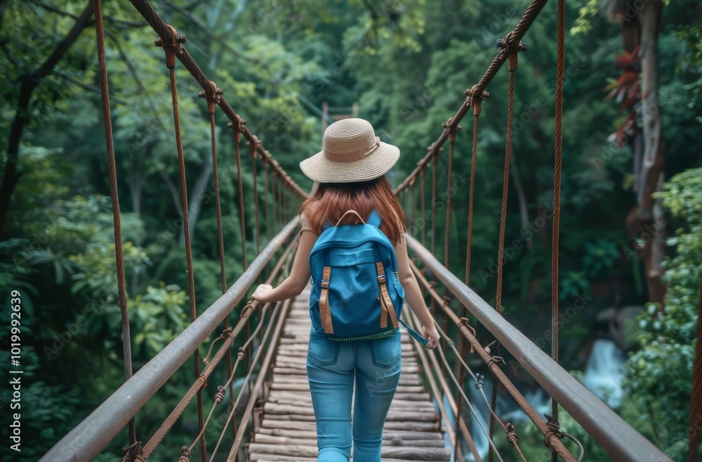 A woman wearing jeans and an outdoor hat walks on the swinging bridge ...