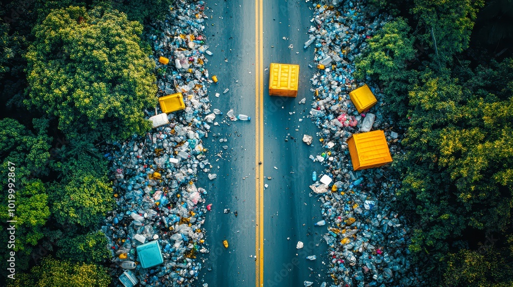 Aerial view of piles of trash lining both sides of a road surrounded by ...