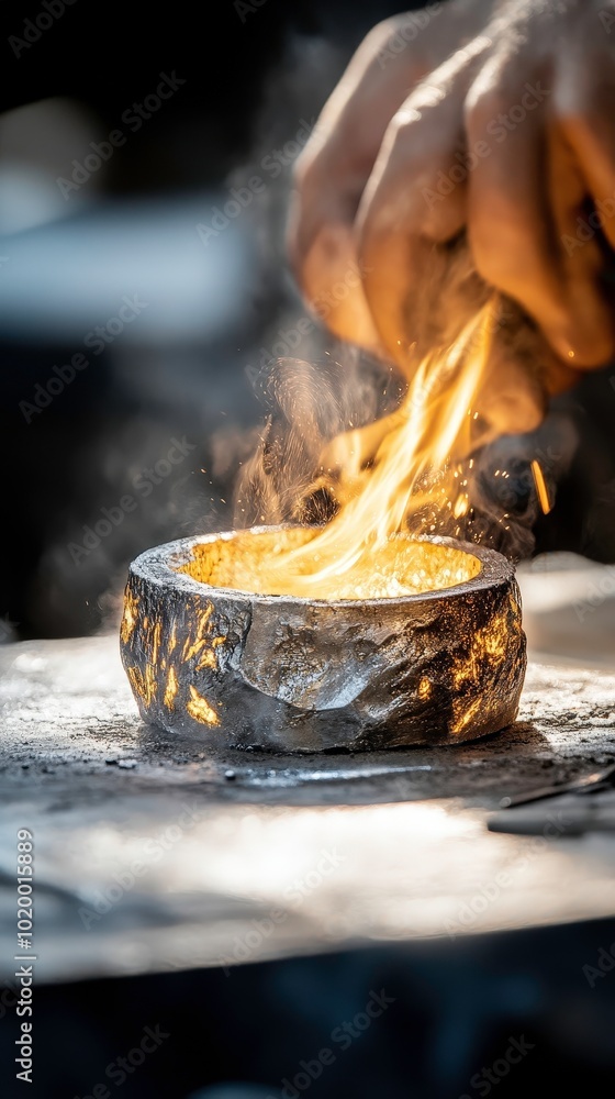 Capture the meticulous process of bronze sculpting in a side view image ...