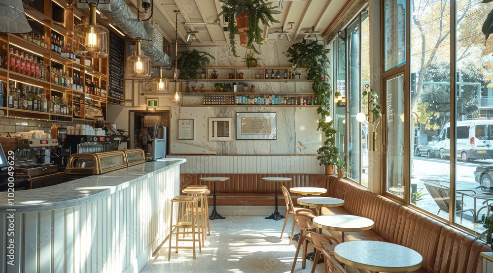 Inside cafe, view on the centered bar with white marble countertop ...