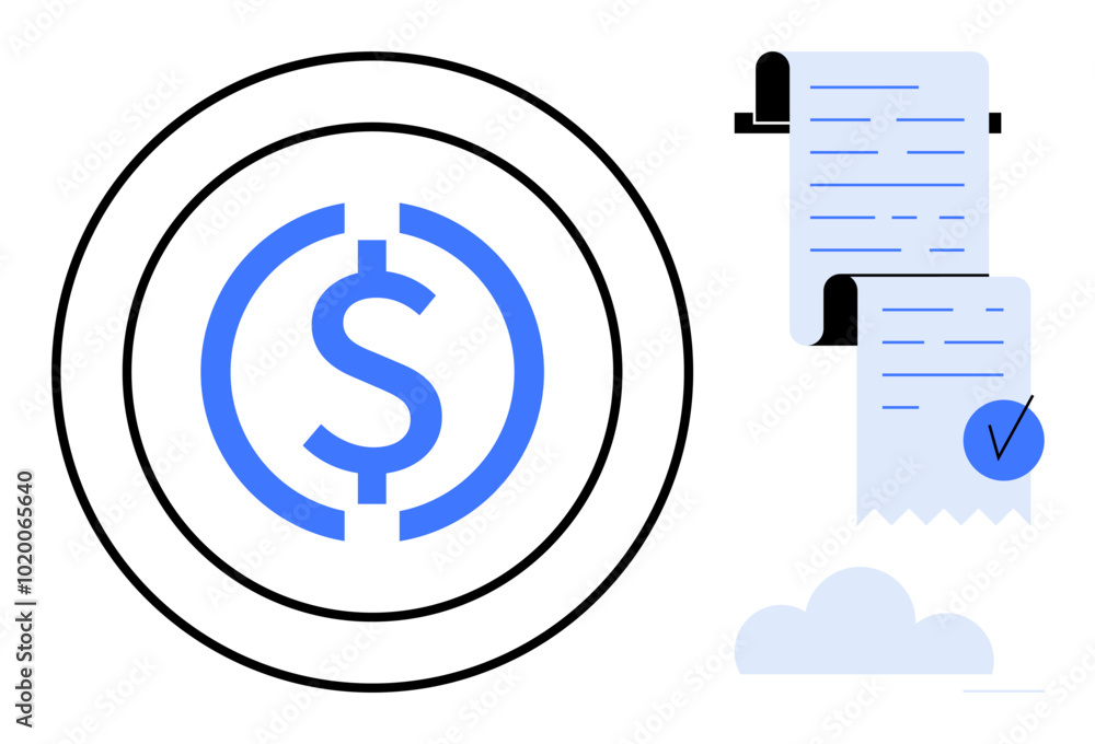 Blue dollar sign inside circle with two documents and checklist with a ...