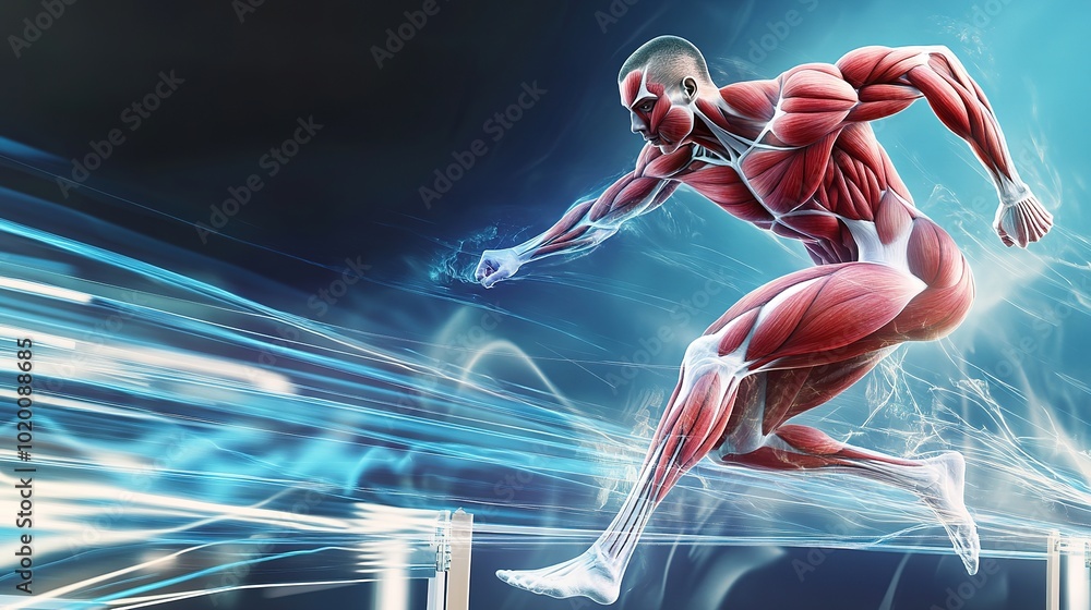 Dynamic muscle anatomy of sprinter in motion, energy lines. Stock ...