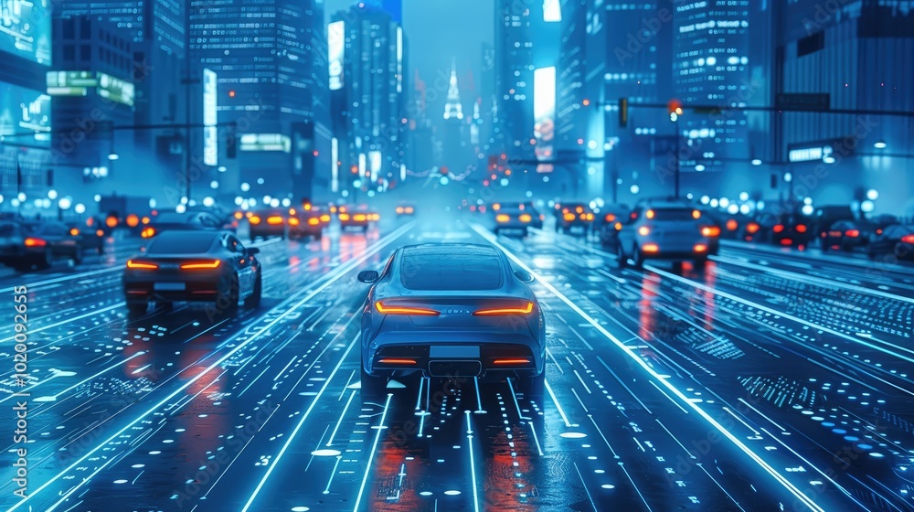 High-tech city with high-tech cars driving on the road, blue data ...