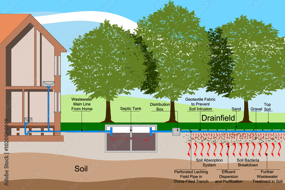 SEPTIC SYSTEM CONCEPT ILLUSTRATION - Septic drain fields, also called ...