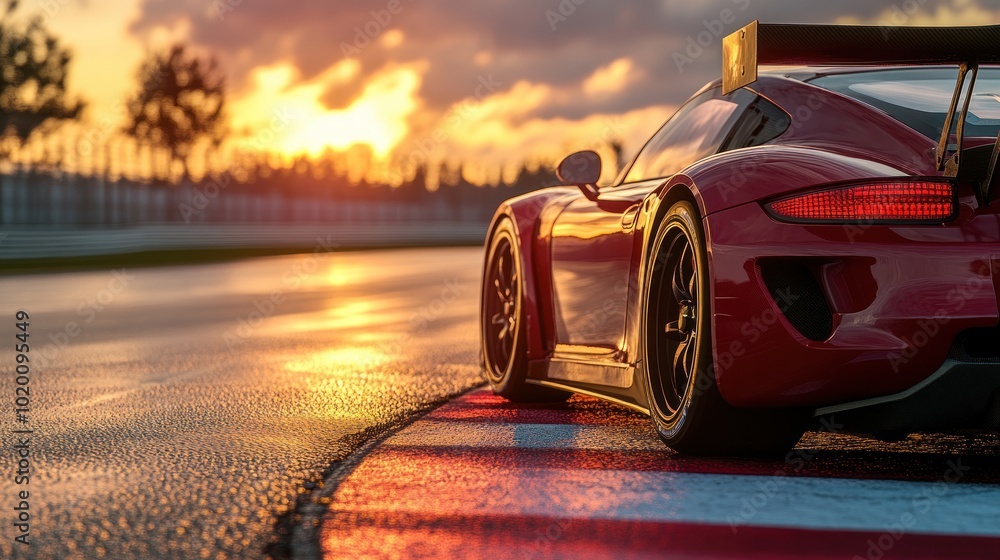A sports car runs on a racetrack. With a powerful engine sound and fast ...