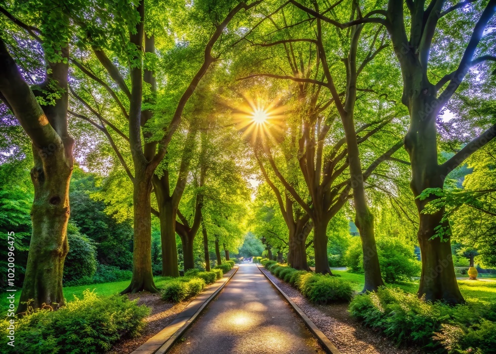 Vibrant UCL Pathway with Lush Green Foliage and Sunlight Filtering ...