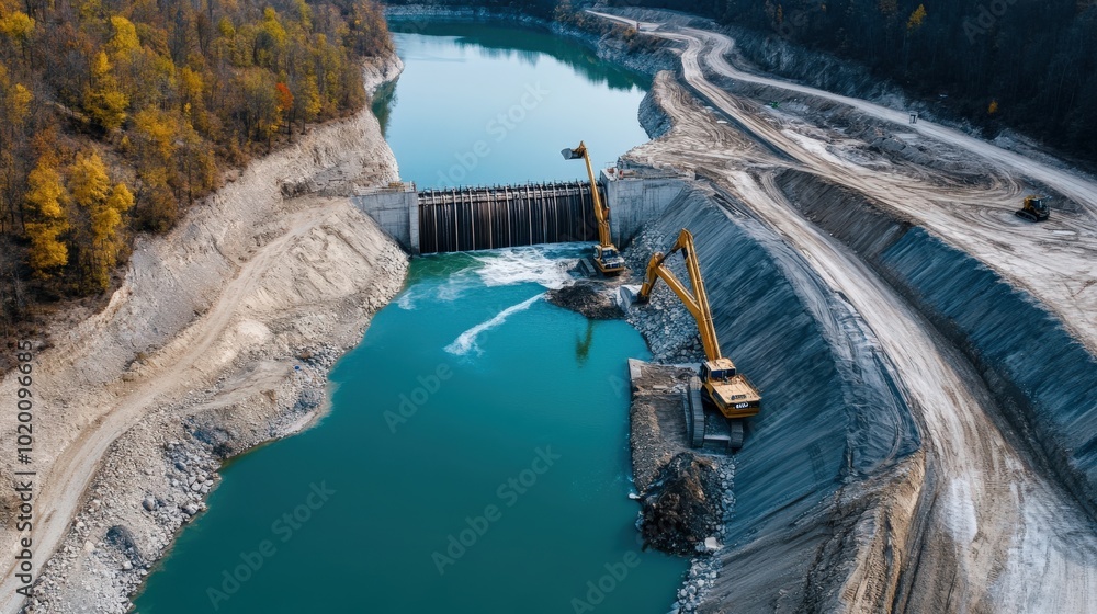 An aerial view of a dam construction project, with water diverted and ...