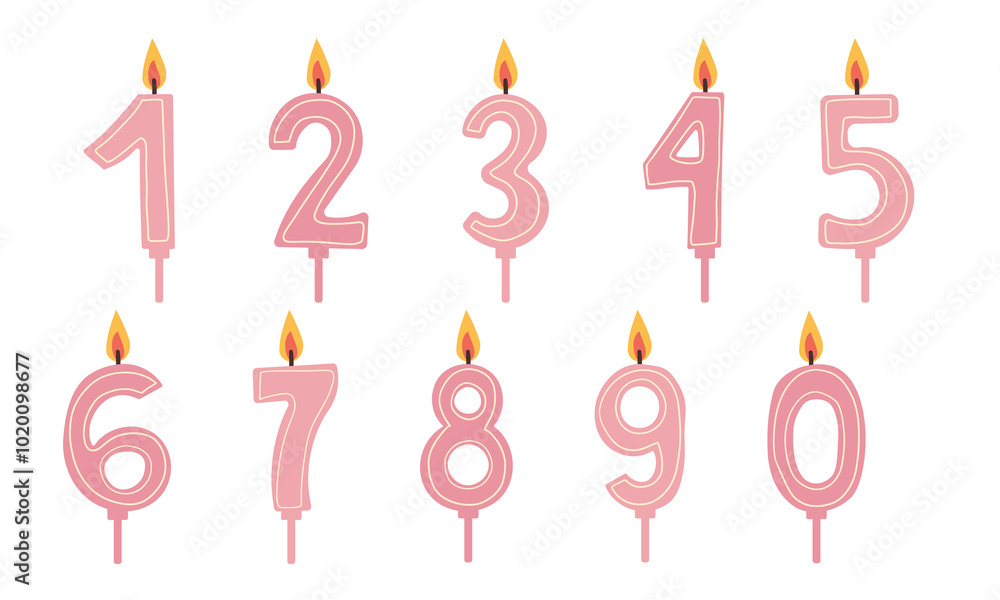 Cartoon anniversary numbers candle. Celebration cake candles burning ...