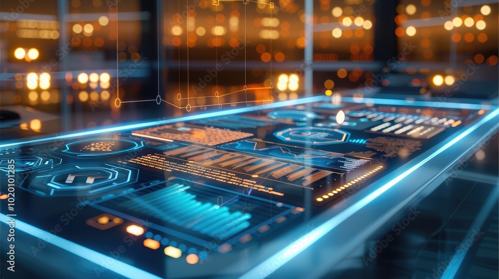 Futuristic frameless transparent tabletop touchscreen on modern bright ...