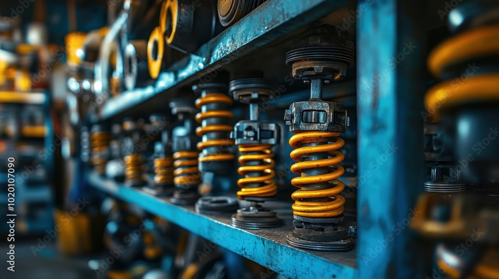 A set of shock absorbers and springs on a shelf in a garage, ready for ...