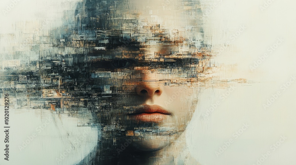 Abstract portraits with pixelated faces and distorted features blending ...