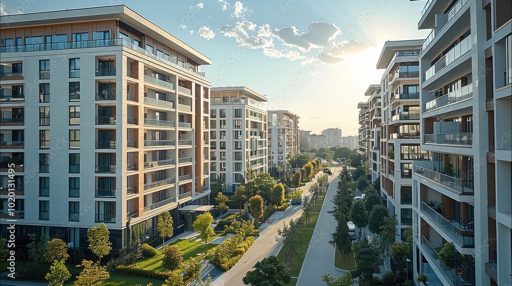 A new residential complex with modern seven-story buildings. The ...