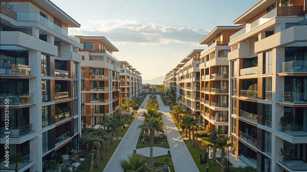 A new residential complex with modern seven-story buildings. The ...