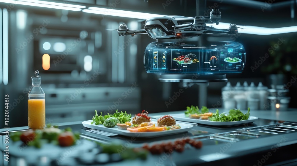 Frontal view of an innovative food plating station featuring ...