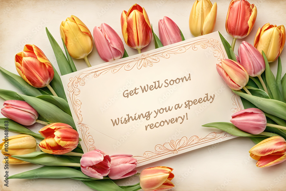 Get well soon card with a heartwarming bouquet of colorful tulip ...