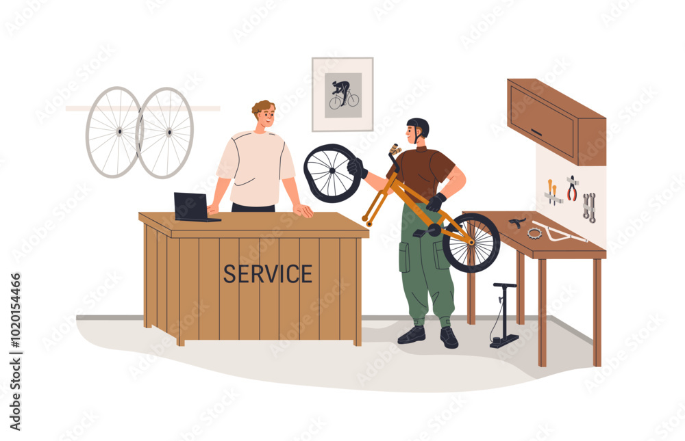 Bicycle repair service. Cyclist customer and cycle workshop ...